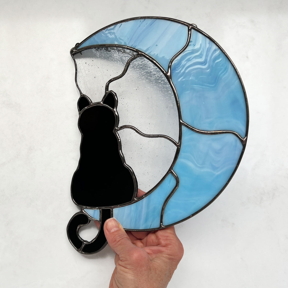 Handmade Stained Glass Cat on an Light Blue Moon Suncatcher – Stained ...