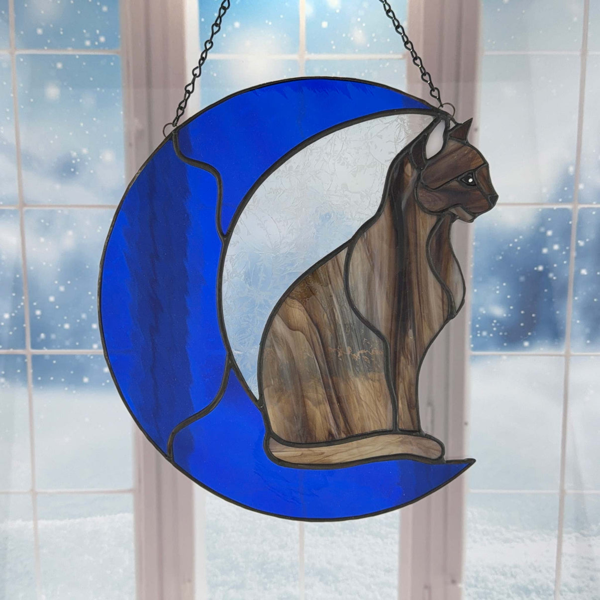 Brown Stained Glass Cat on a Bright Blue Moon – Stained Glass Stitcher