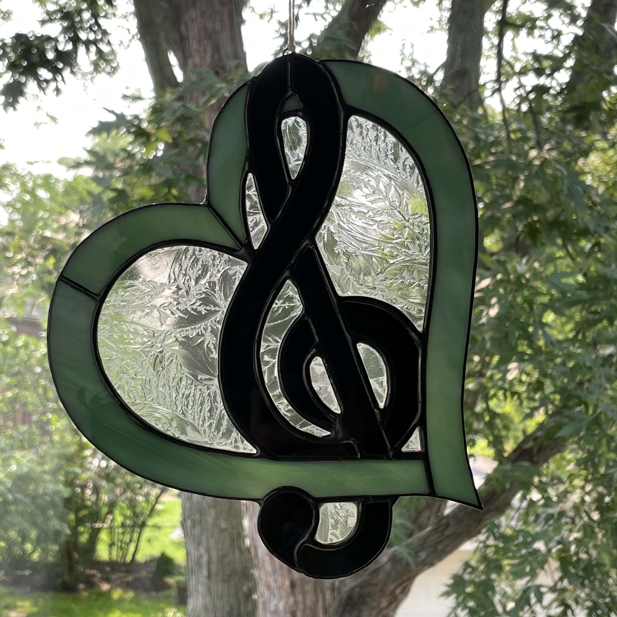 Stained Glass Treble Clef Music Heart Suncatcher - Sea Green & Black ...